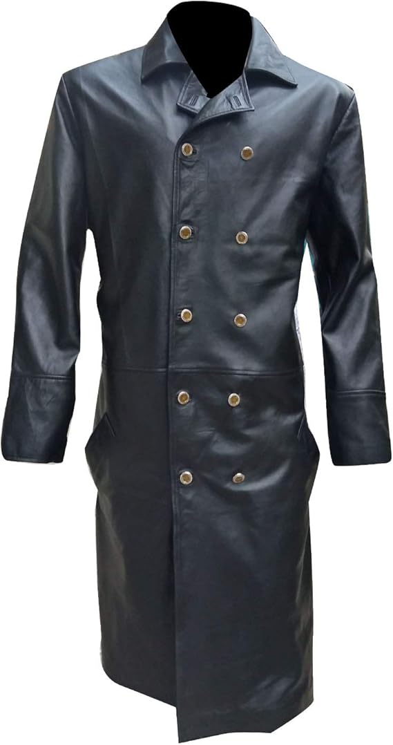 Men's German Classic Officer k Black Leather Long Trench Coat 2XS to ...