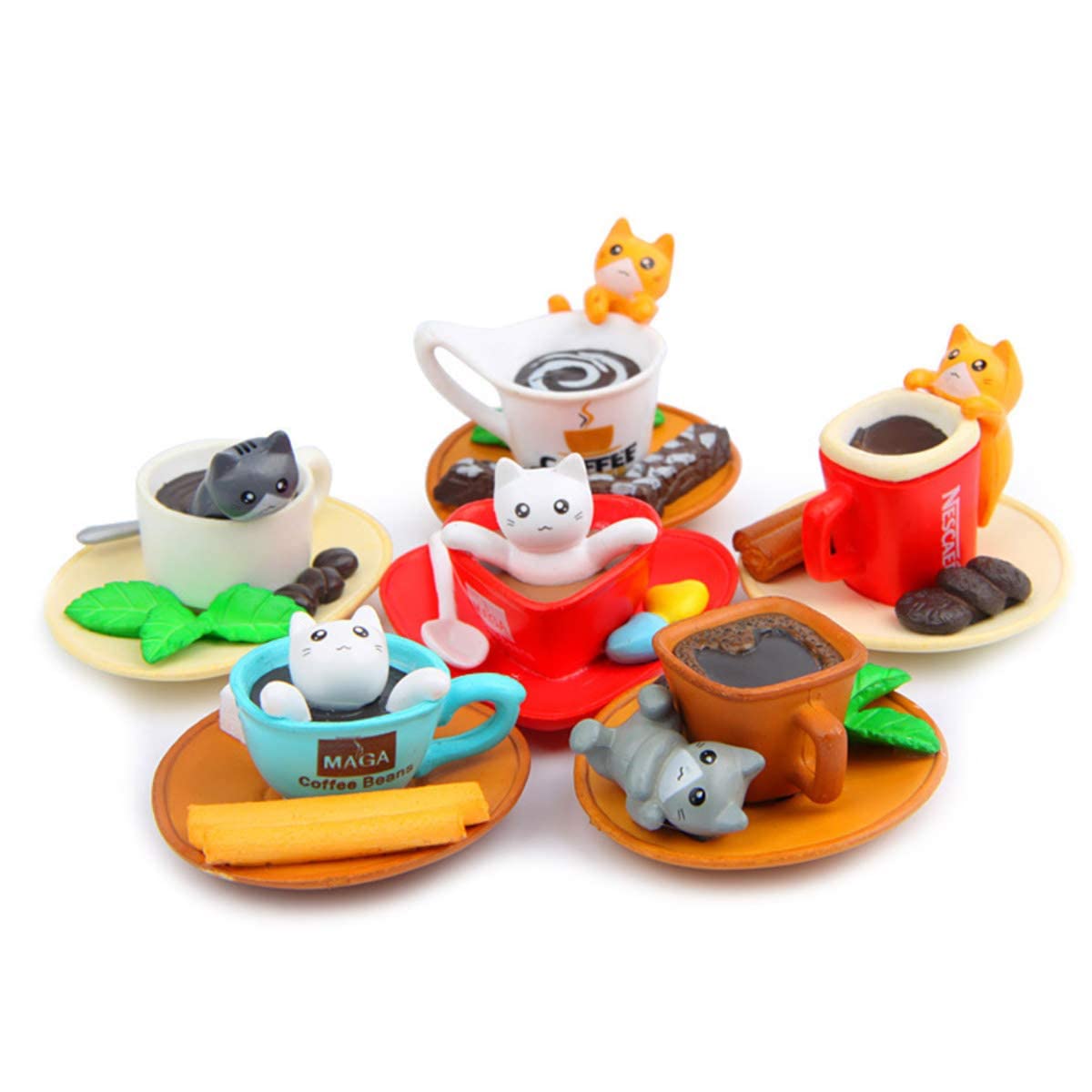 Halloluck 6 Pcs Cute Miniature Teacup Gourmet Cat Figure Animal Cat ...