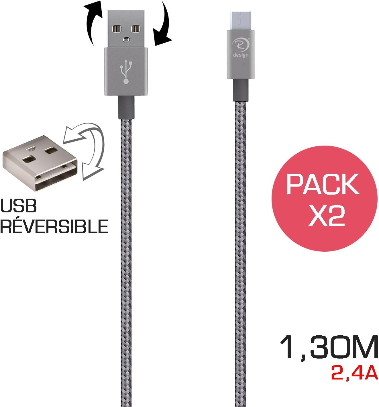 Raven Design® Braided cable with reversible Micro-USB to USB connector ...