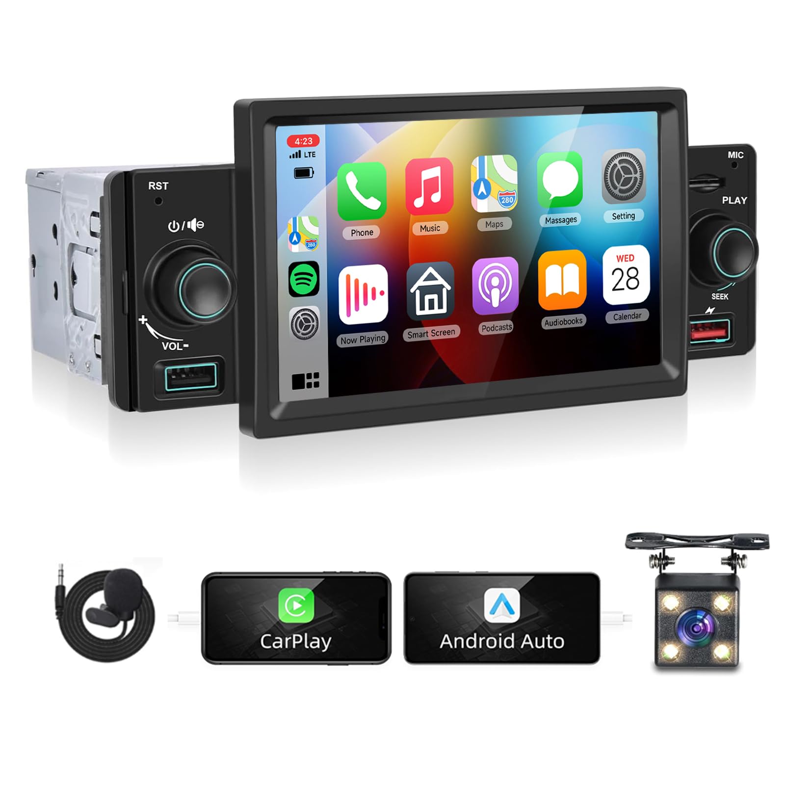 Single Din Radio with AppIe Carplay Android Auto 5.1 Bluetooth,Podofo 5 ...