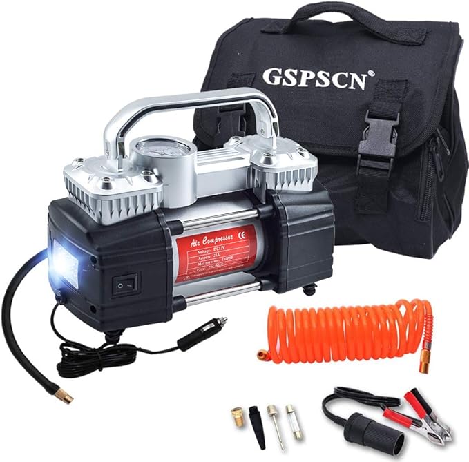 GSPSCN Silver Dual Cylinder 12V Air Compressor Pump for Car, Heavy Duty Portable Tire Inflator ...