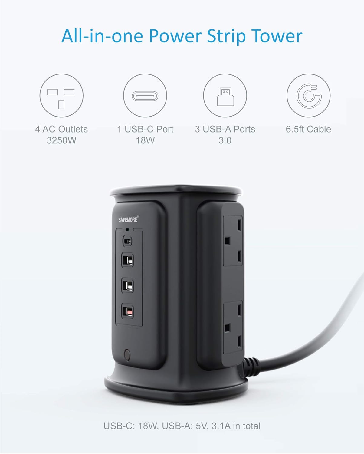 SAFEMORE Extension Lead with USB C Ports,Tower Power Strips with 4 Way ...