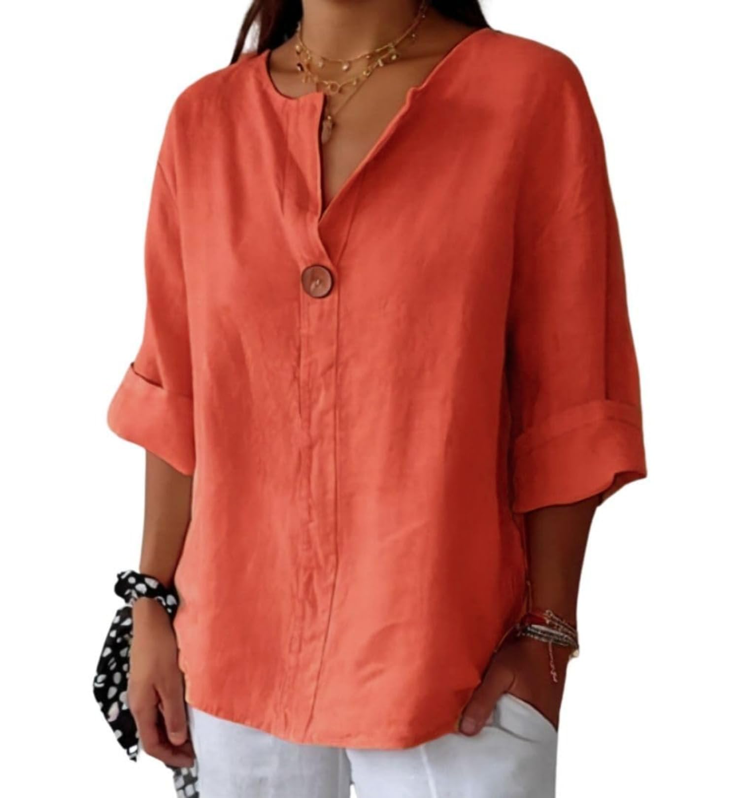 TERIVEEK Summer Linen Shirts for Women Button Down V Neck 3/4 Sleeve T-Shirt Blouse Casual Loose ...