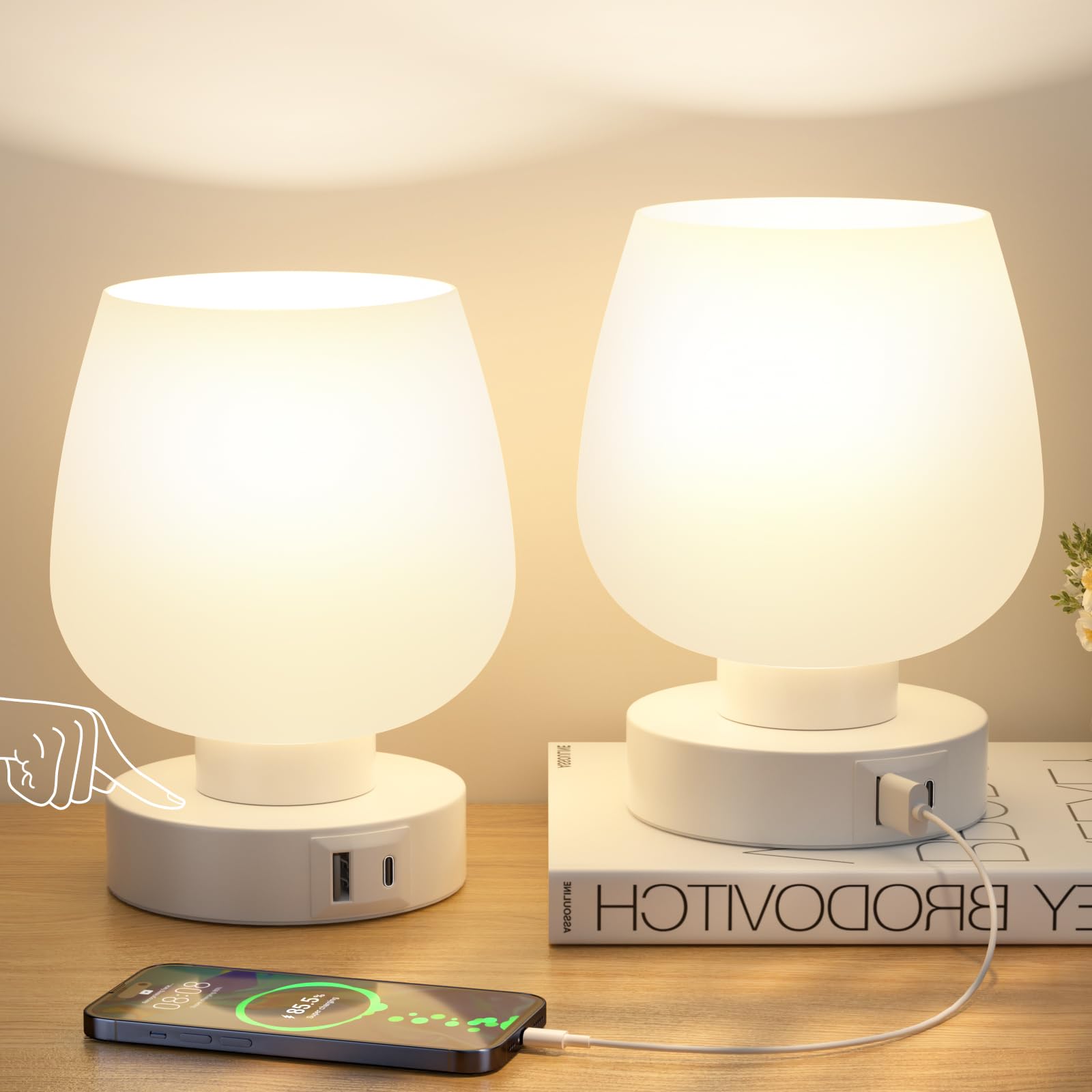 Kakanuo Bedside Table Lamps with Glass Shade, Touch Control, Dual USB A ...