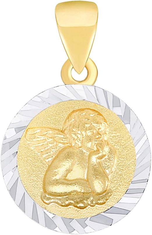 Solid 14K Yellow Gold Round Guardian Angel Textured Medallion Charm ...