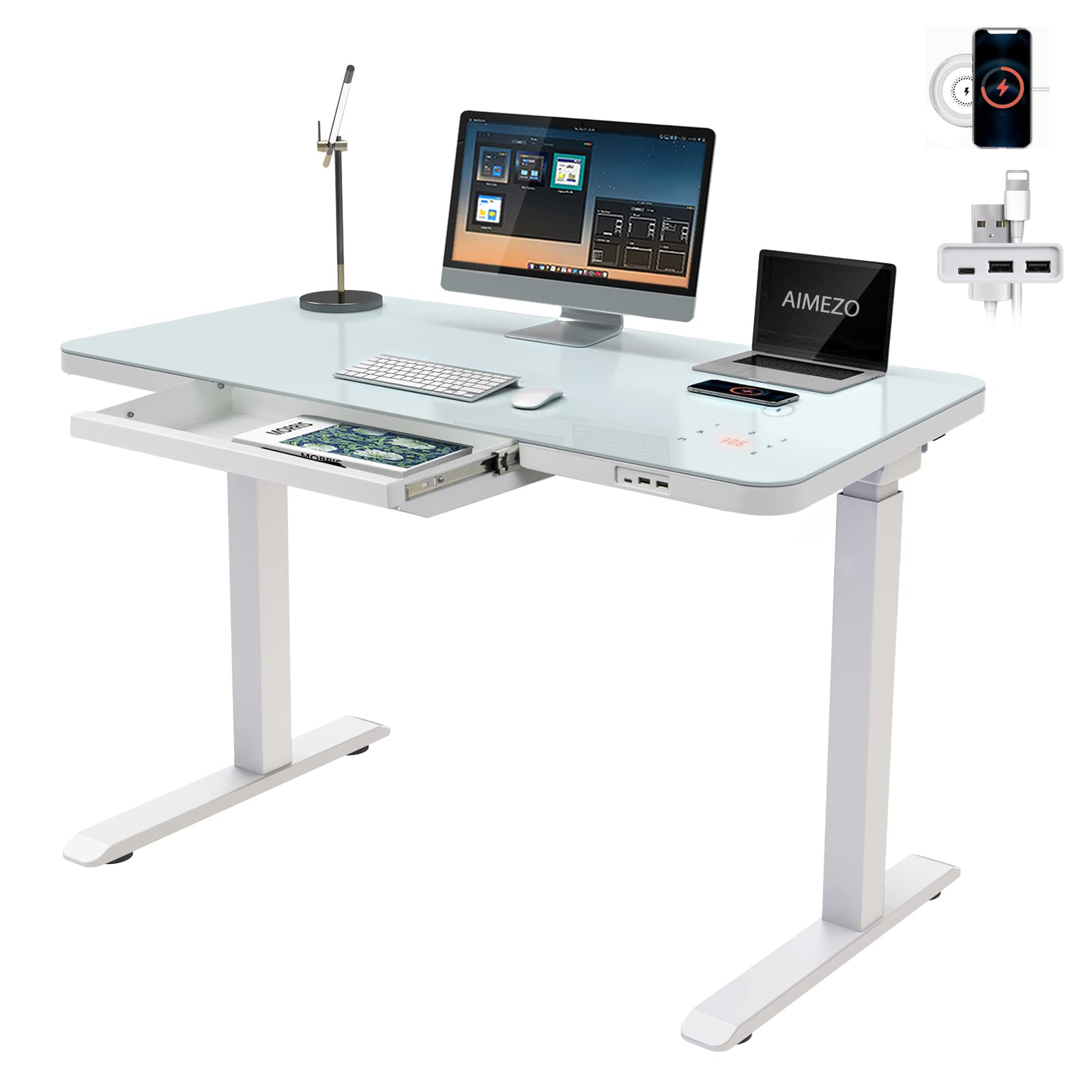 Mua AIMEZO Glass Electric Standing Desk with Drawers Charging USB Port 45 x 23 Inch Dual Motor ...