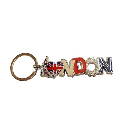 London Metal Silver Coloured Key Chain/Ring/Word in White Blue Red Icon ...
