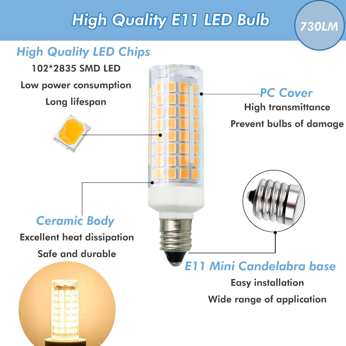 ZSSXOLED [Pack Of 5] E11 LED Light Bulb 7W Dimmable E11 Mini Candelabra Base 75W Halogen ...