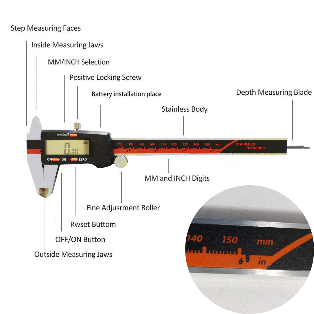 KETOTEK Digital Caliper, Electronic Vernier Calipers 150mm 6inch, Calipers Gauge Precision ...