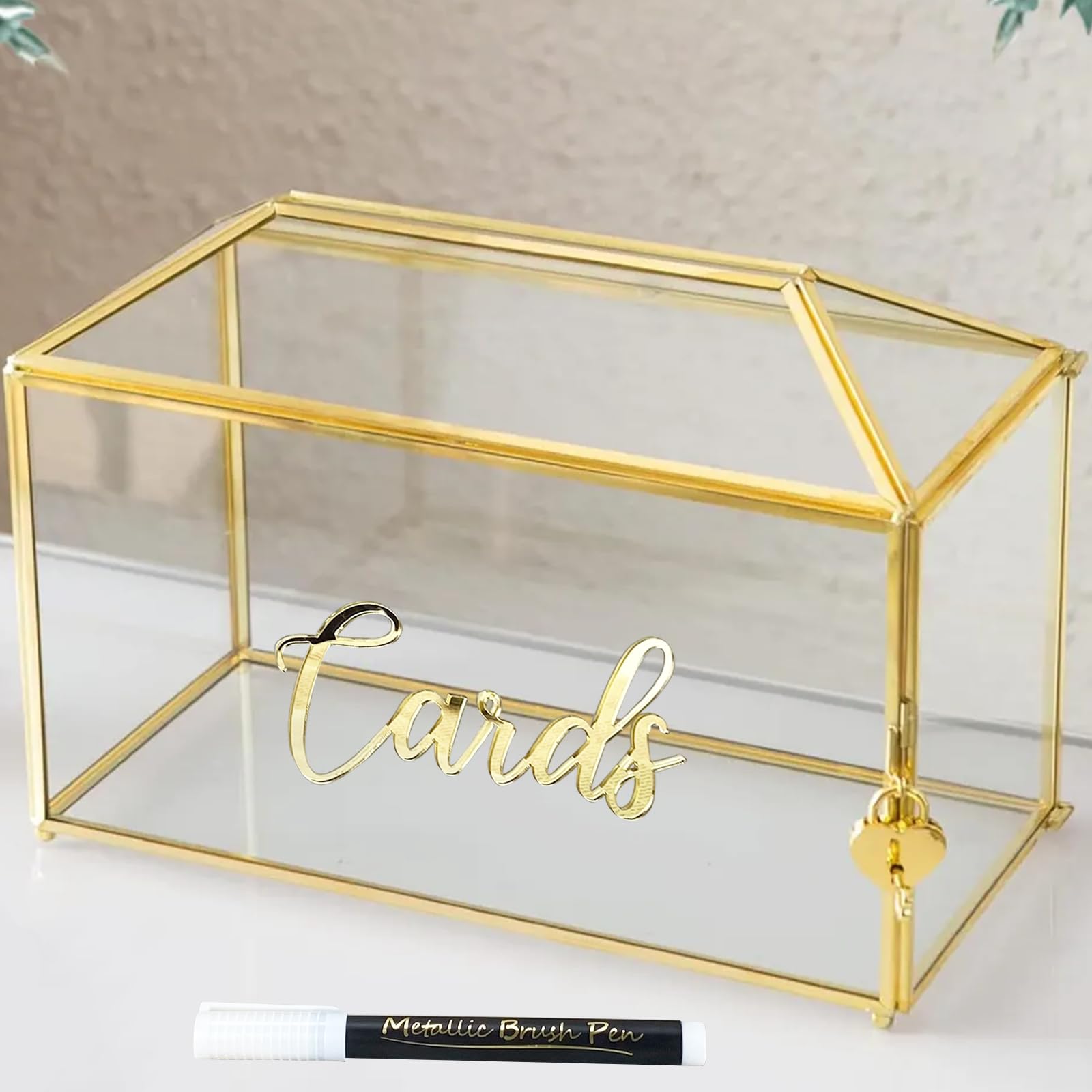 FCDECOR 12.6" Wedding Card Box with Lock, Large Gold Metal and Glass ...