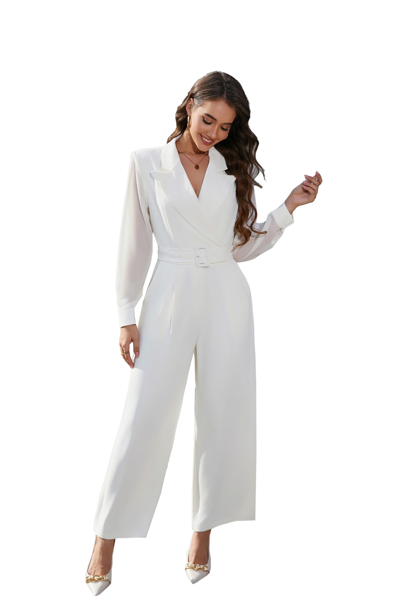 Love Welove Women's Elegant Off White Formal Jumpsuit - Long Chiffon ...