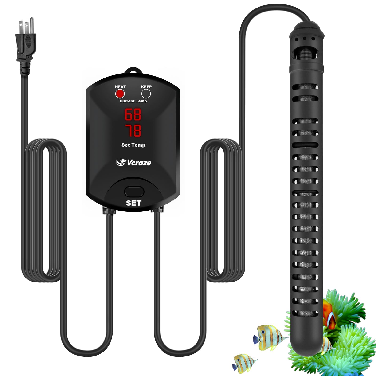 VCRAZE Aquarium Heater 200W Fish Tank Heater with External Thermostat ...