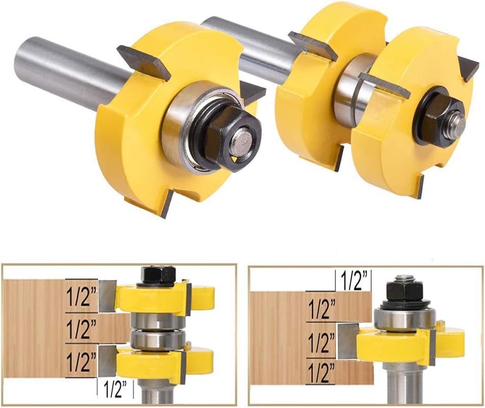 Gasea 2pcs 1/2″ Shank Tongue Groove Router Bit Set 3 Teeth T-Shape Wood ...
