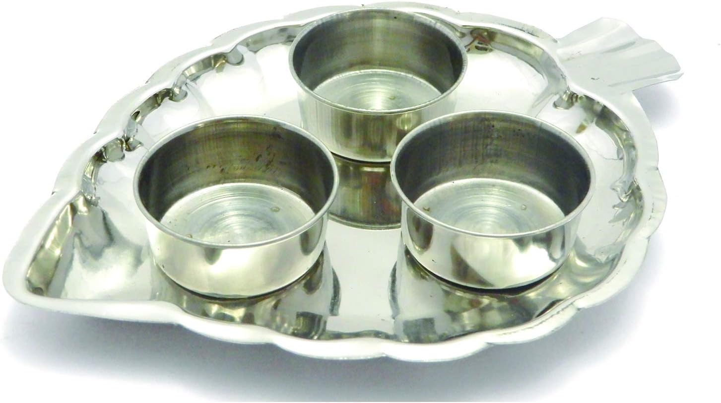 Leaf Shaped Thali with Haldi Kumkum Containers Pooja Thali Set in Steel ...