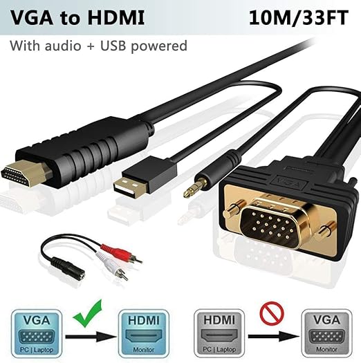 VGA to HDMI Cable 10m/30 Feet (Old PC to New TV/Monitor with HDMI ...