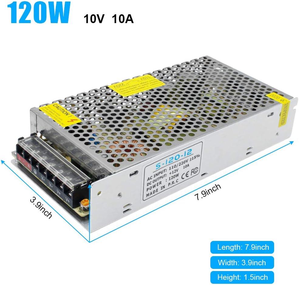 inShareplus 12V 10A 120W, DC Universal Regulated Switching Power Supply, 110/220V AC to DC 12 ...