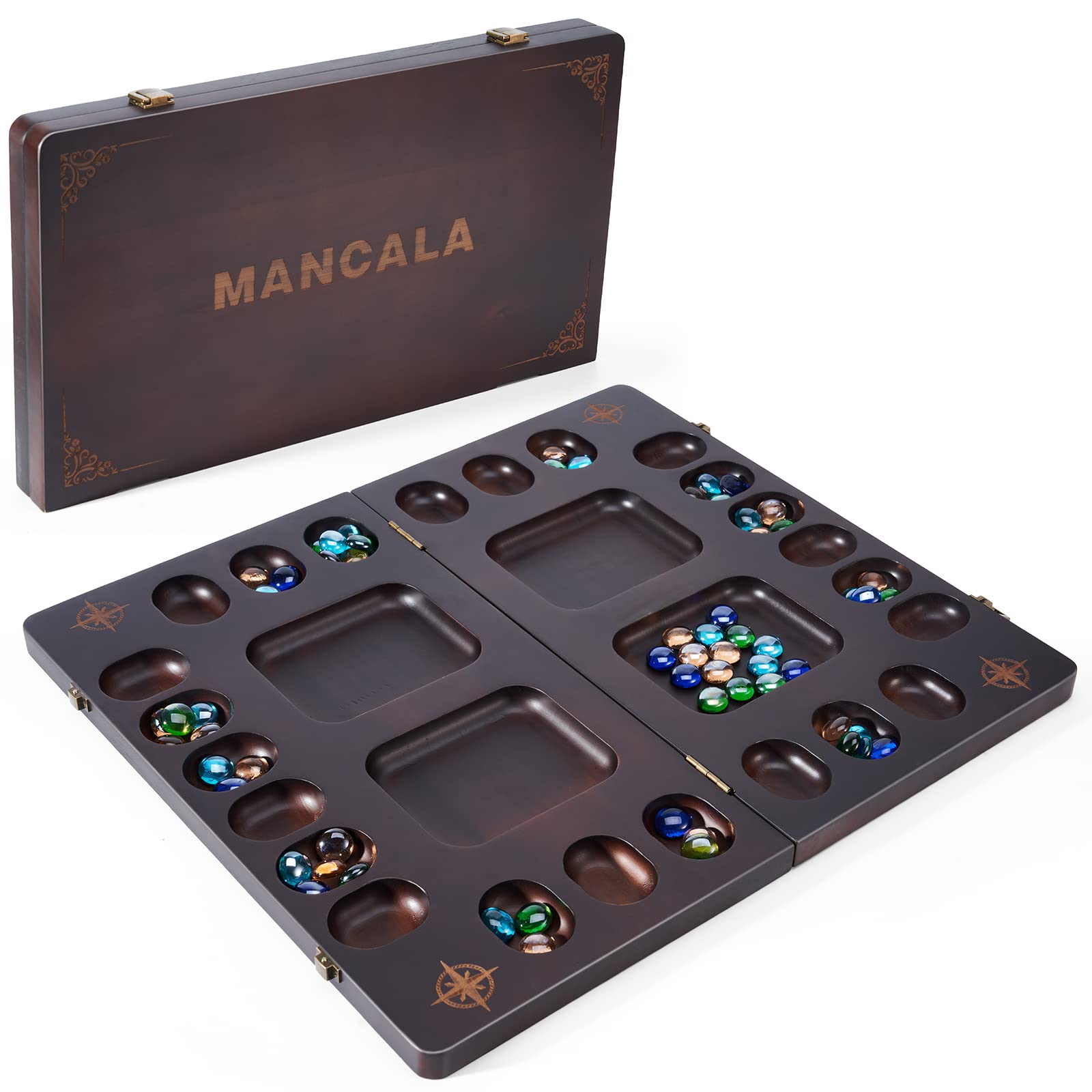 VAMSLOVE Mancala 4 Player Board Game Set, Luxury Solid Wood Folding ...