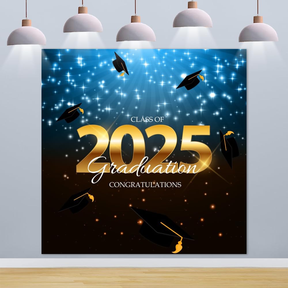 Graduation Backdrop 10x10ft Class of 2025 Black and Blue Bachelor Cap ...