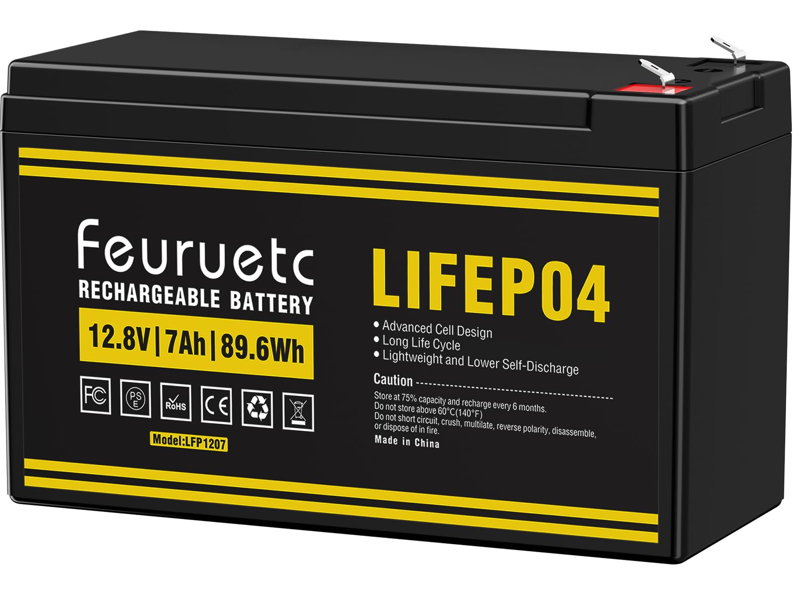 Feuruetc 12V 7Ah Lithium LiFePO4 Battery - Direct Replacement for 6FM7 ...