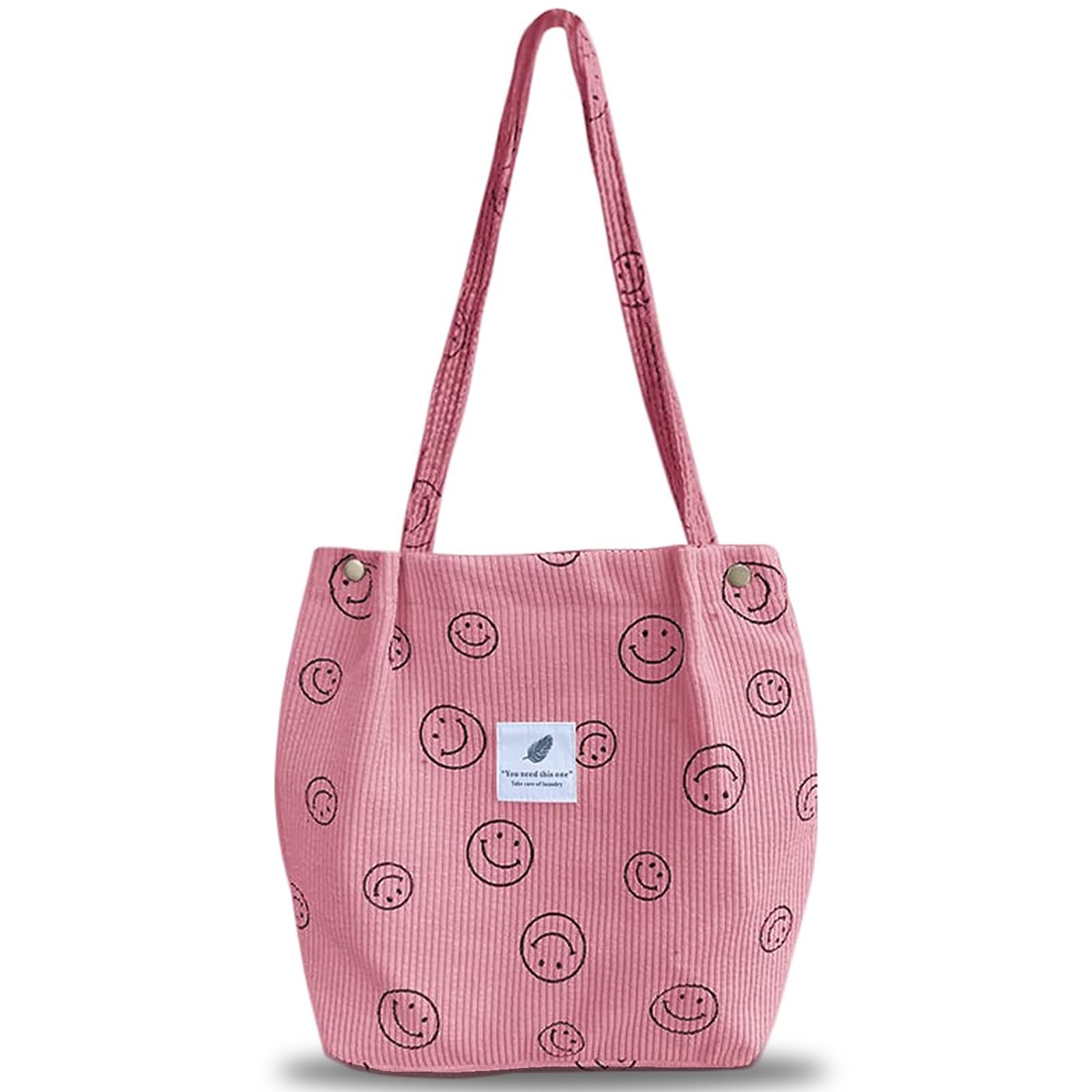 Smiley Face Corduroy Tote Bag for Women -Pink Canvas Shoulder Cord ...