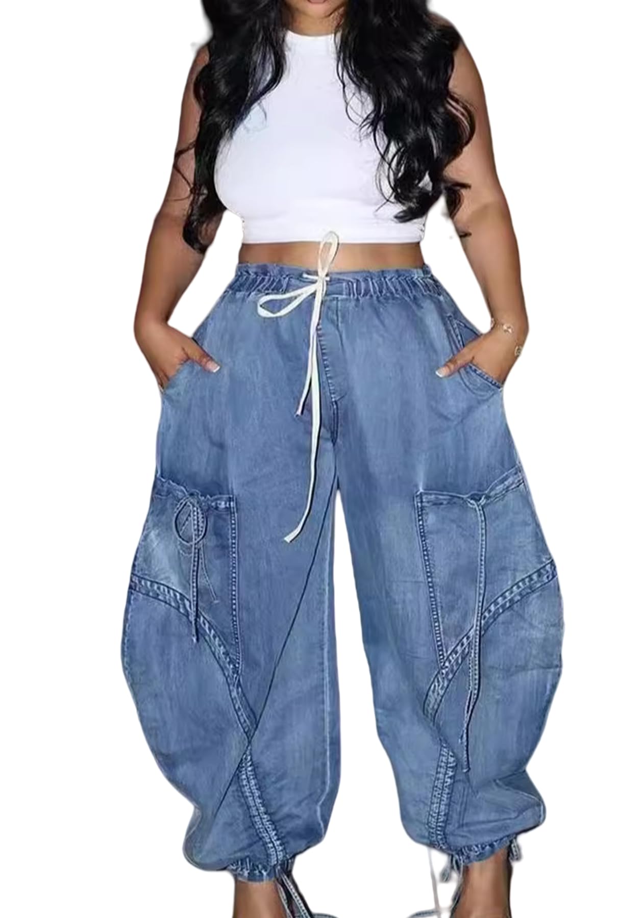 Molisry Women's Drawstring Wide Leg Jeans High Wasited Y2K Harem Baggy ...