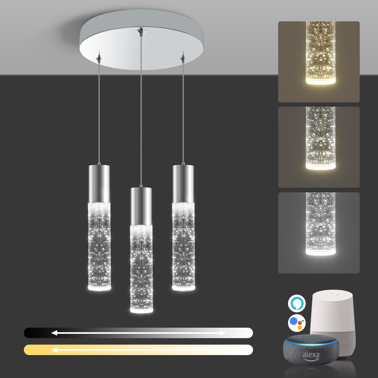 OKELI Smart Dimmable LED 3-Light Pendant Light for Kitchen Island, 18W ...
