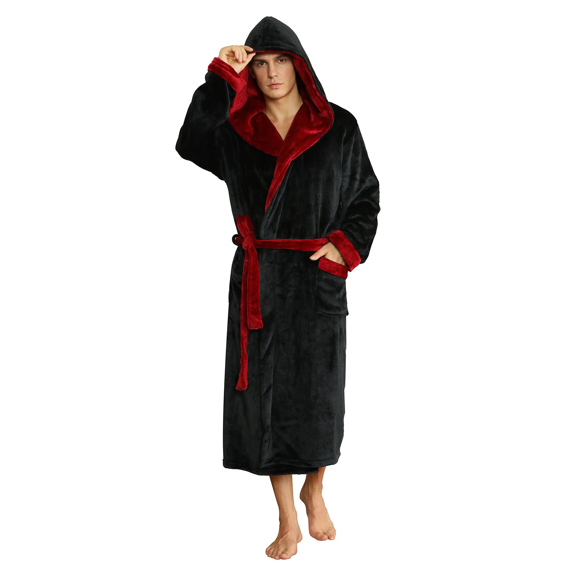 U2SKIIN Mens Fleece Hooded Robe Plush Bathrobe (Black/Dark Red, L/XL ...