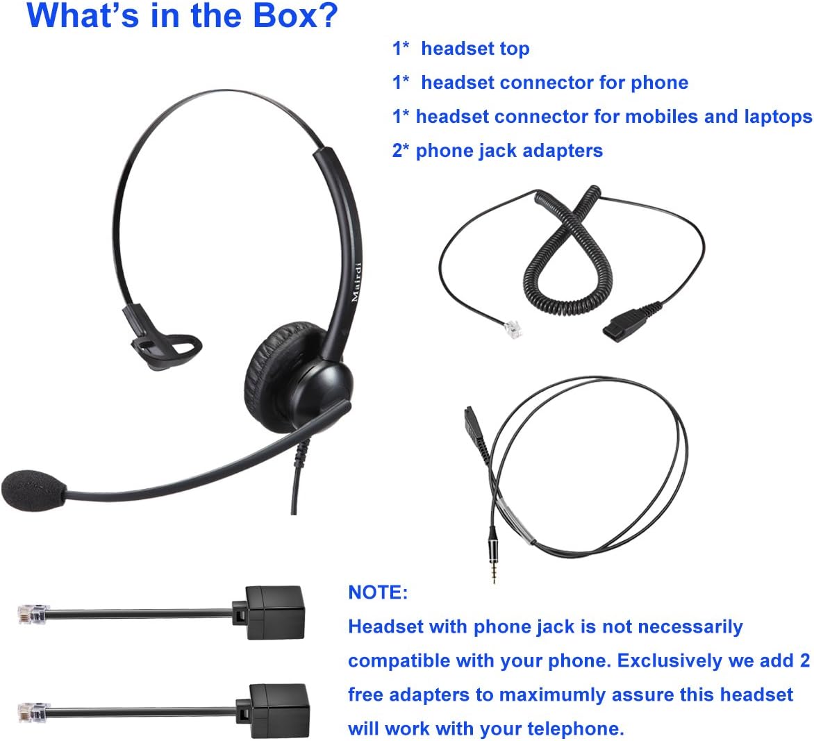 Telephone Headset with RJ9 Jack for Cisco Phone, Including 3.5mm Connector for Cell Phone PC ...