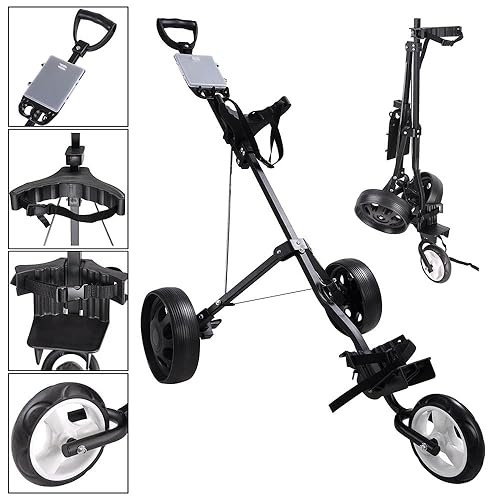 AW Foldable 3-Wheel Push Pull Golf Cart Trolley 6" Front 9" Rear Wheel ...