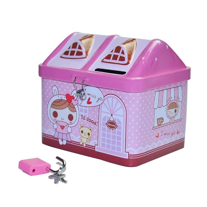 Pink Money Box, Small Cartoon Tin House Cute Money-boxes Tinplate Money ...