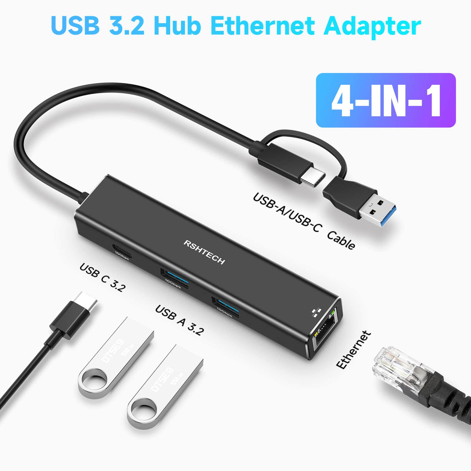 Mua USB to Ethernet Adapter, RSHTECH USB 3.2 Gen 2 Hub with RJ45 ...