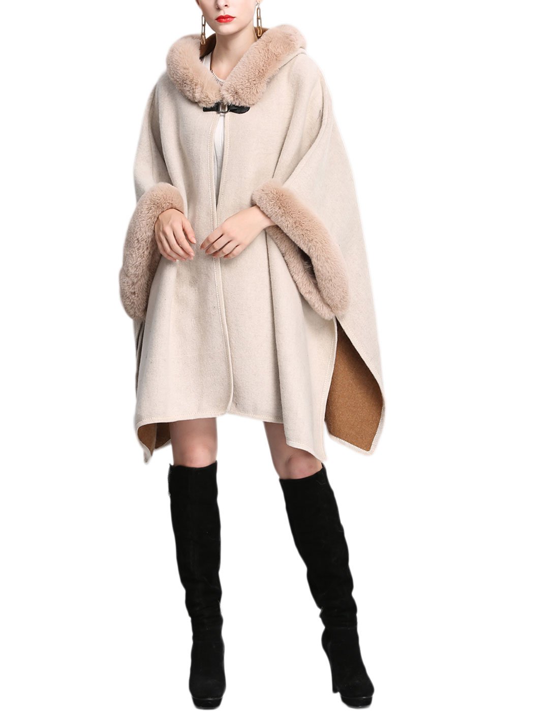 Gihuo Women's Luxury Batwing Sleeve Faux Fur Trim Hooded Cloak Poncho ...