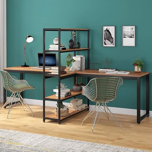 Tribesigns Two Person Computer Desk with Bookshelf, 90 Inches Double ...