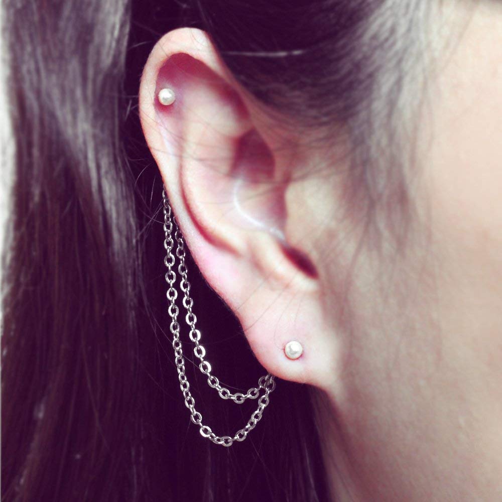 Amazon.com: Pearl helix to lobe chain earring, 20g dangle chain earring ...