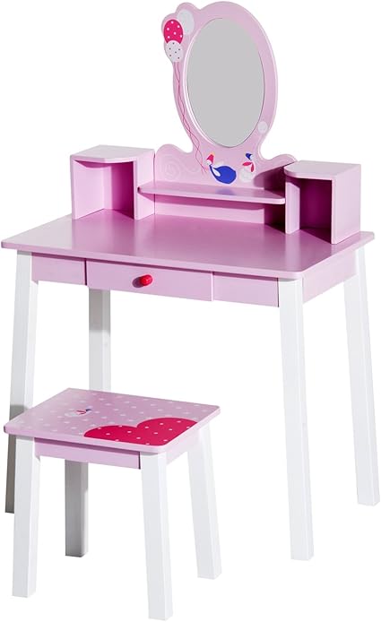 HOMCOM 2 PCS Kids Wooden Dressing Table and Stool Girls Vanity Table ...