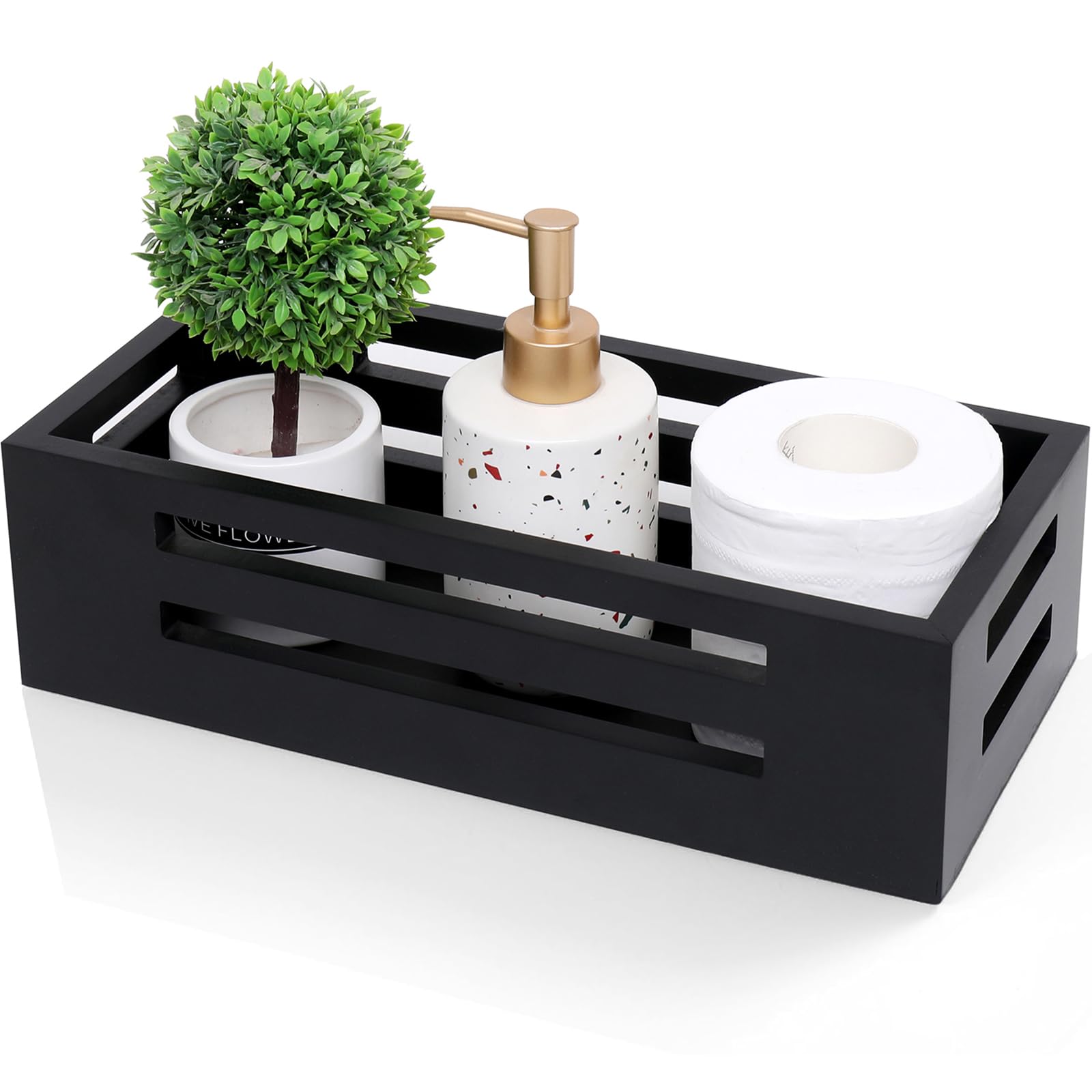 Black Decor Box Wooden Toilet Tank Paper Basket with Handles for ...