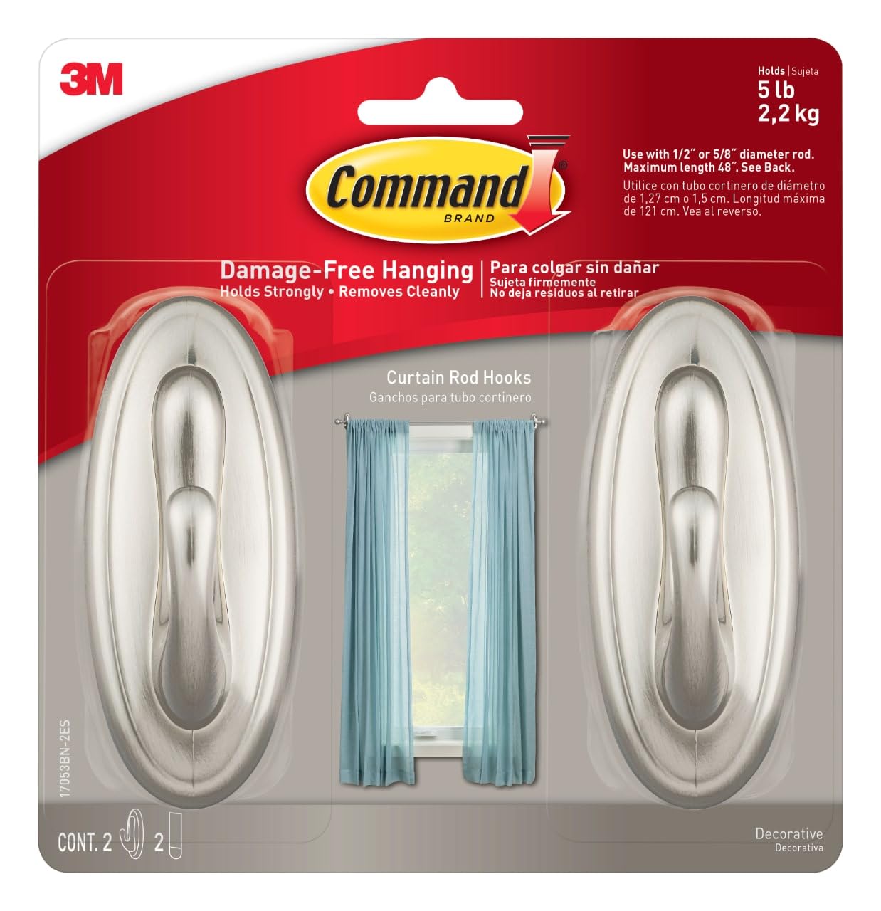 Command 5 lb Large Brushed Nickel Color Hooks, 2-Pack of 2 Wall Hooks ...