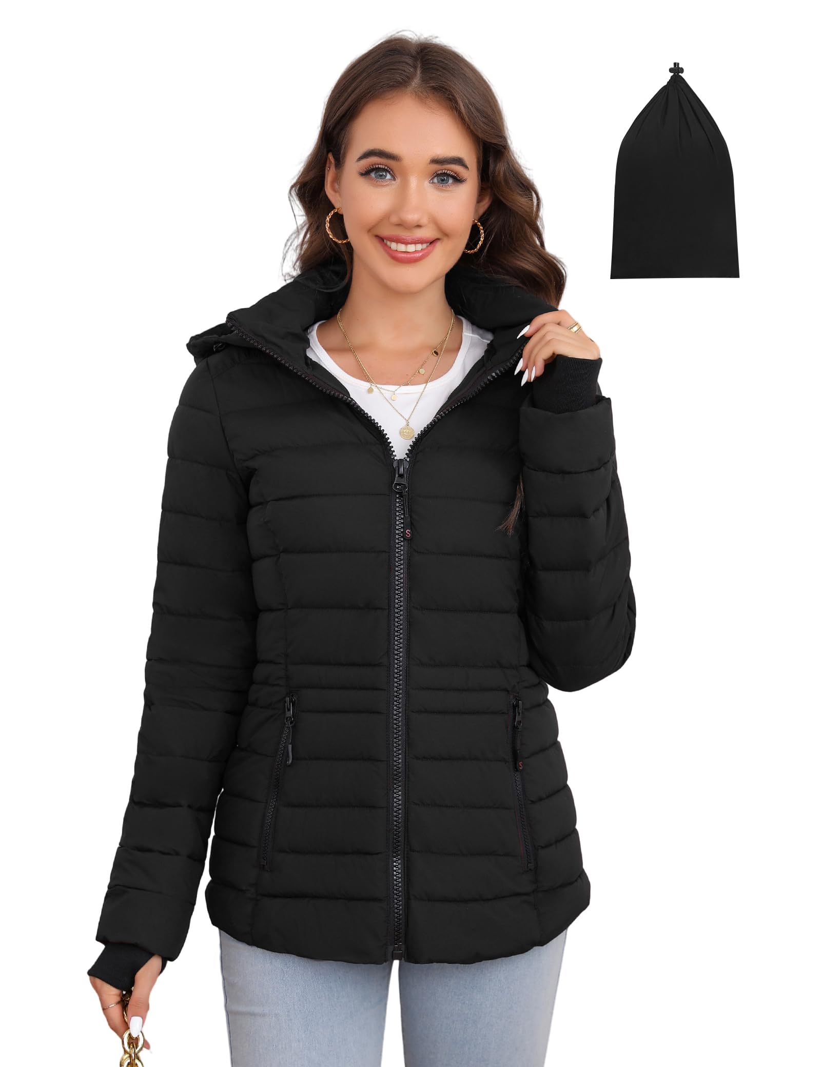SLOWTOWN Women’s Lightweight Puffer Jacket Packable Hooded Puffer Jacket Winter Puffy Coat (Dark ...