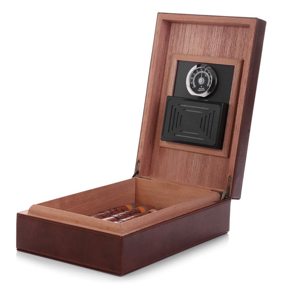 MEGACRA Cedar Cigar Humidor, Leather Surface Handmade Real Solid ...