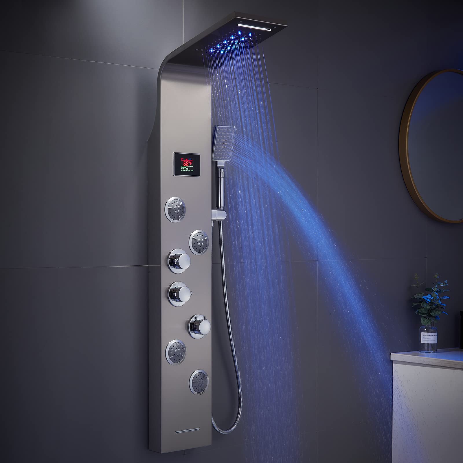 ROVATE 6-in-1 LED Rainfall Waterfall Shower Panel Tower System with 2 ...