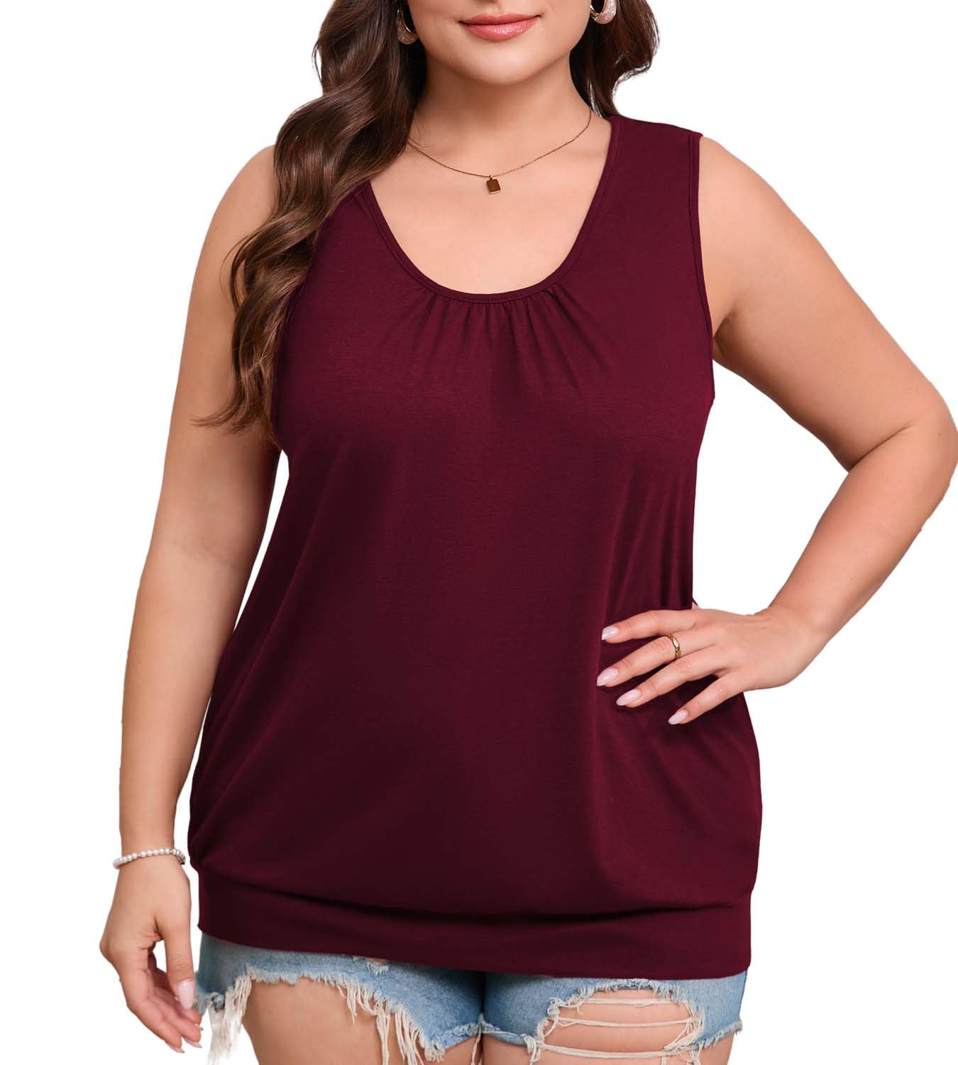 CARROTMOB Women's Plus Size Summer Tank Tops Loose Fit Pleated Crew ...
