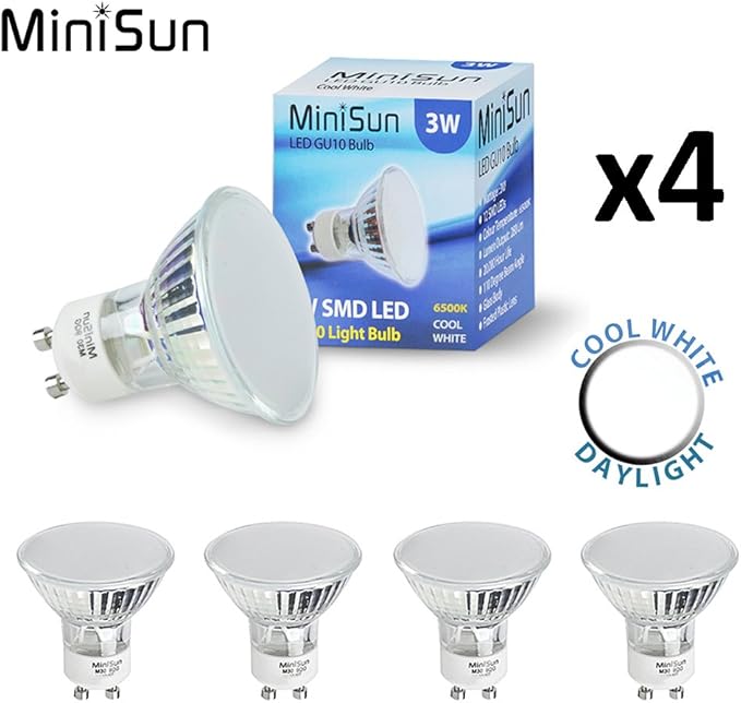 Pack of 4 - MiniSun Branded 3W Super Bright LED Energy Saving GU10 50w ...