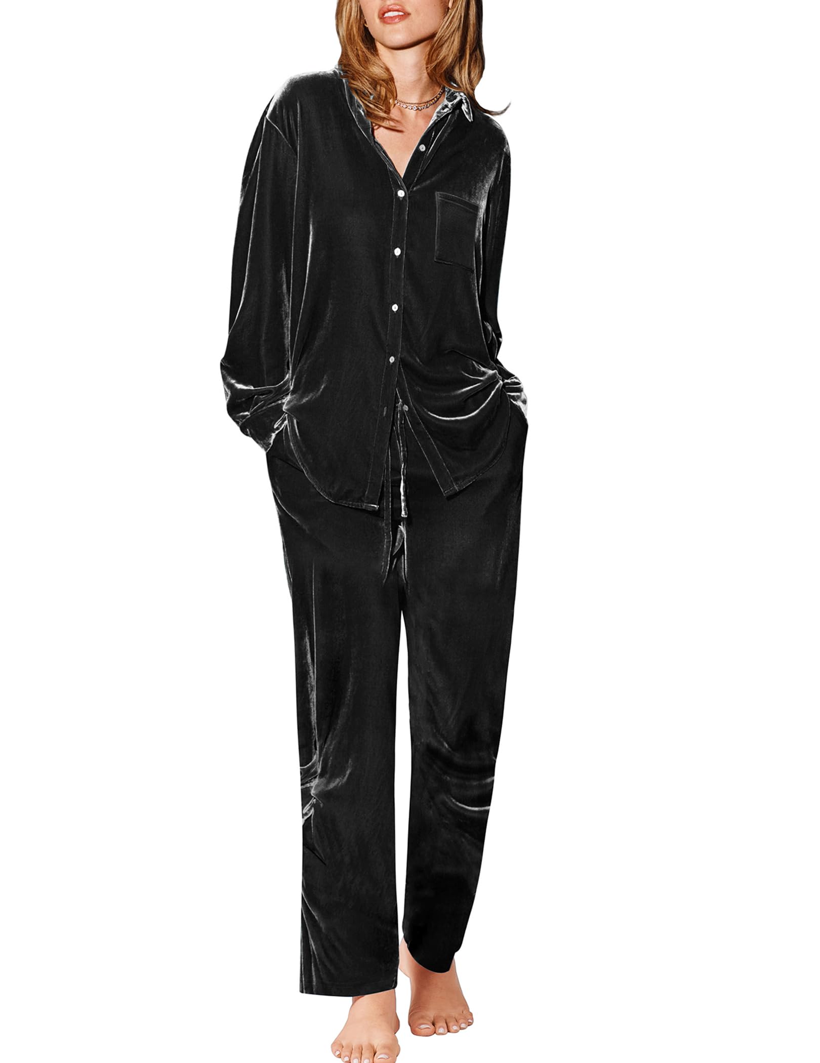 Ekouaer Womens Velvet Pajamas Set Long Sleeve Button Up Sleepwear Soft ...