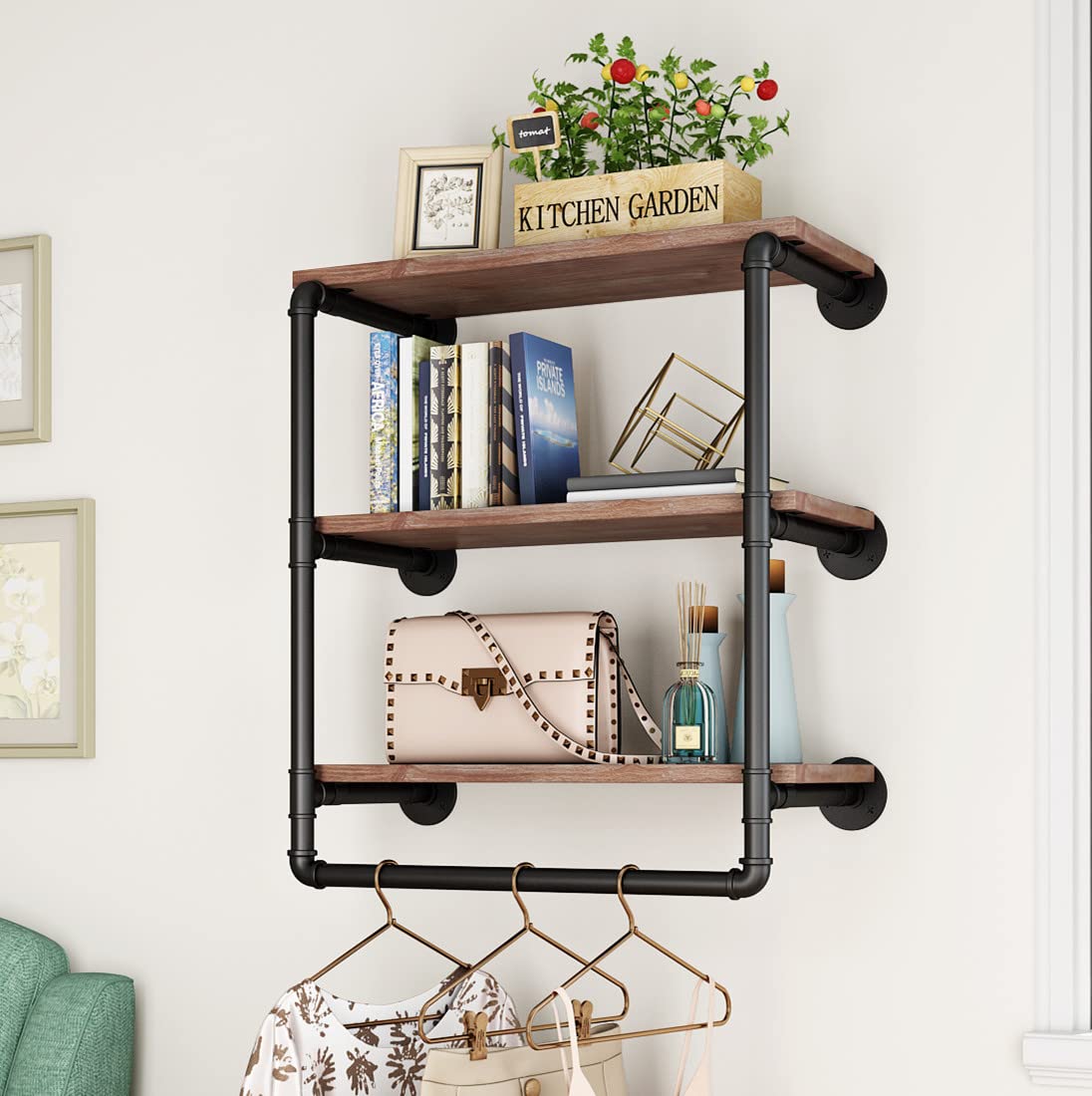 HOMEKAYT Industrial Pipe Shelving Wall Mounted Rustic Wood Shelf ...