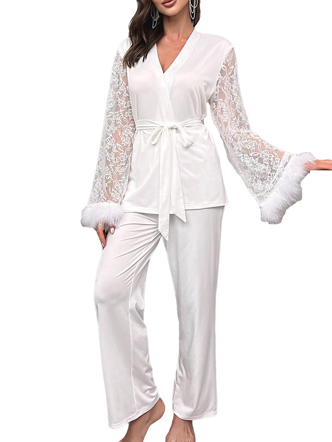 Verdusa Women's 2 Piece Feather Satin Pajama Set Floral Mesh Long ...