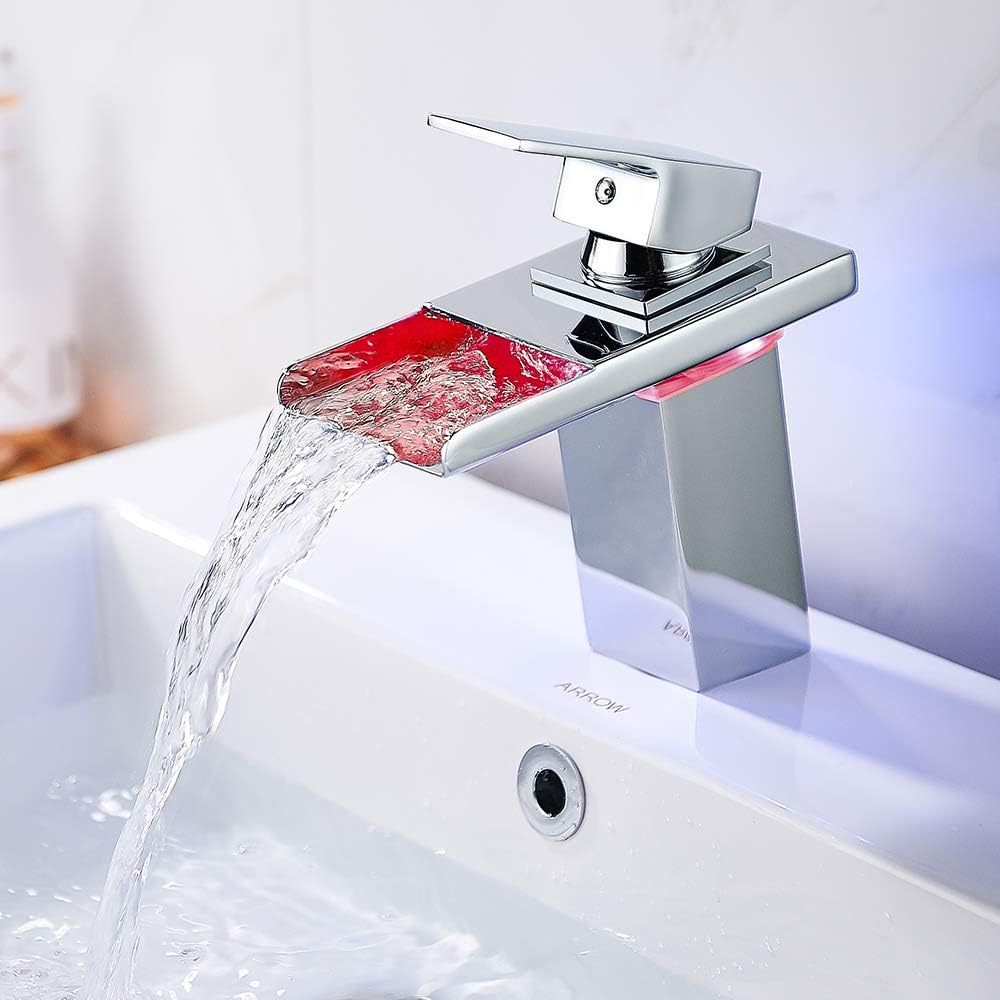 LED Bathroom Waterfall Sink Tap with RGB 3 Colour Change,Single Handle ...