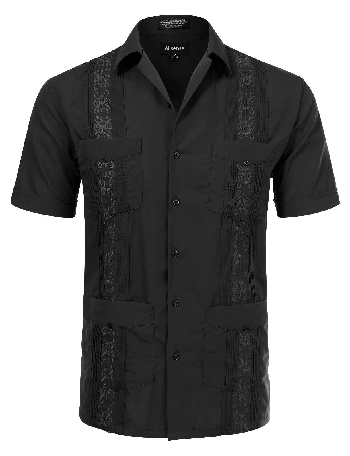 Allsense Men's Short-Sleeve Button-Down Cuban Guayabera Shirt, Black, Small for sale | North Las ...