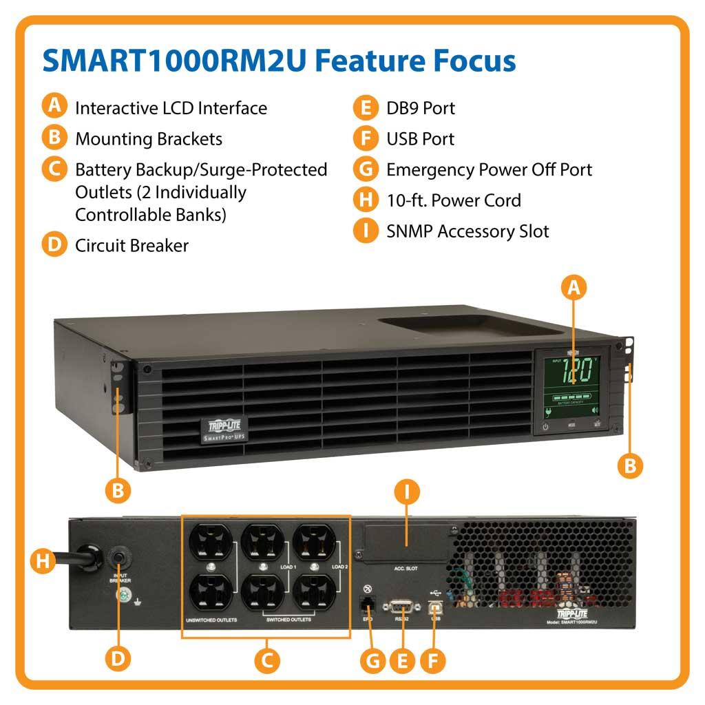 Tripp Lite UPS SMART1000RM2U No Break 1000VA 1kVA 800W 2U Rack, LCD ...