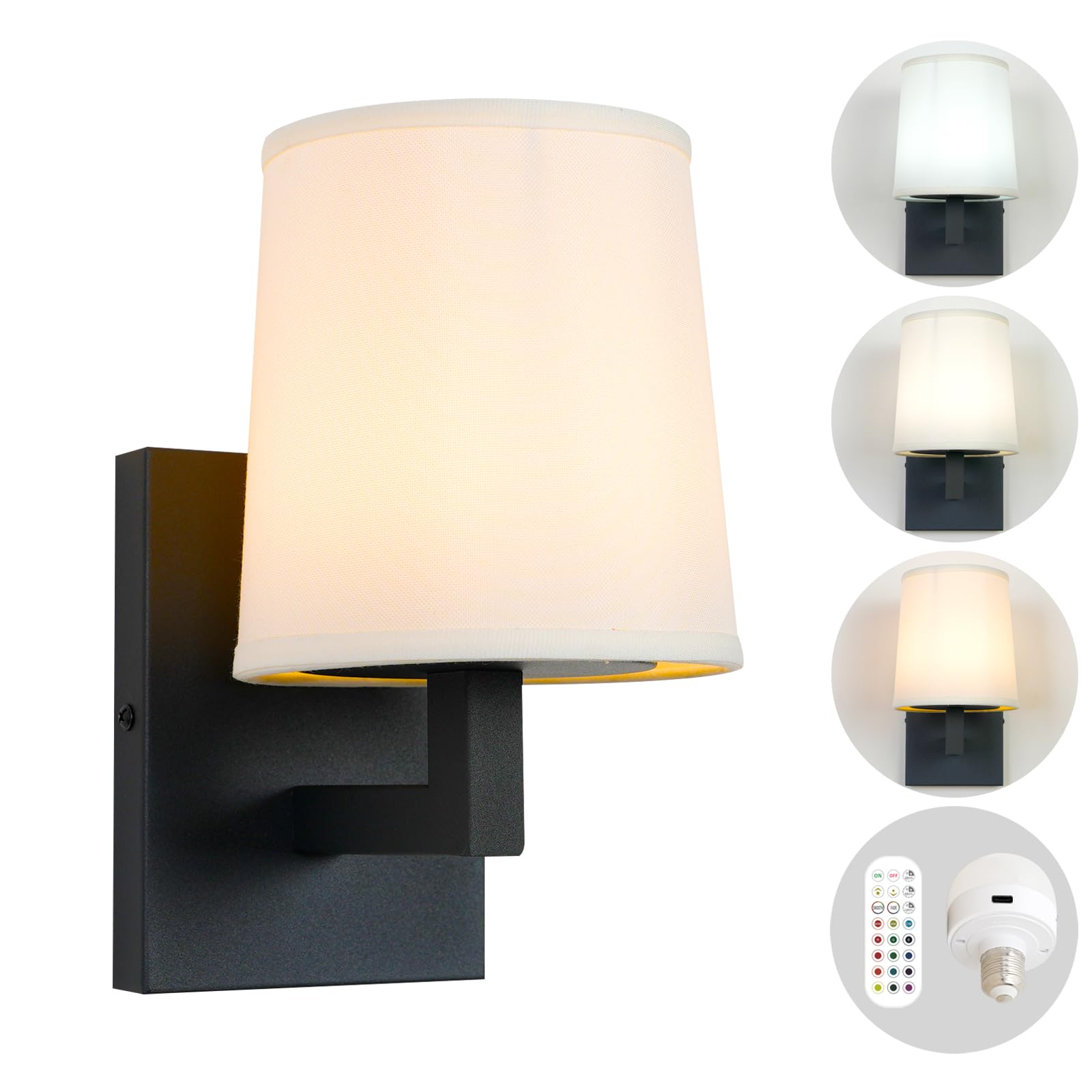 HEQIQEH Vintage Rechargeable Battery Powered 1-Light Fabric Wall Sconce ...