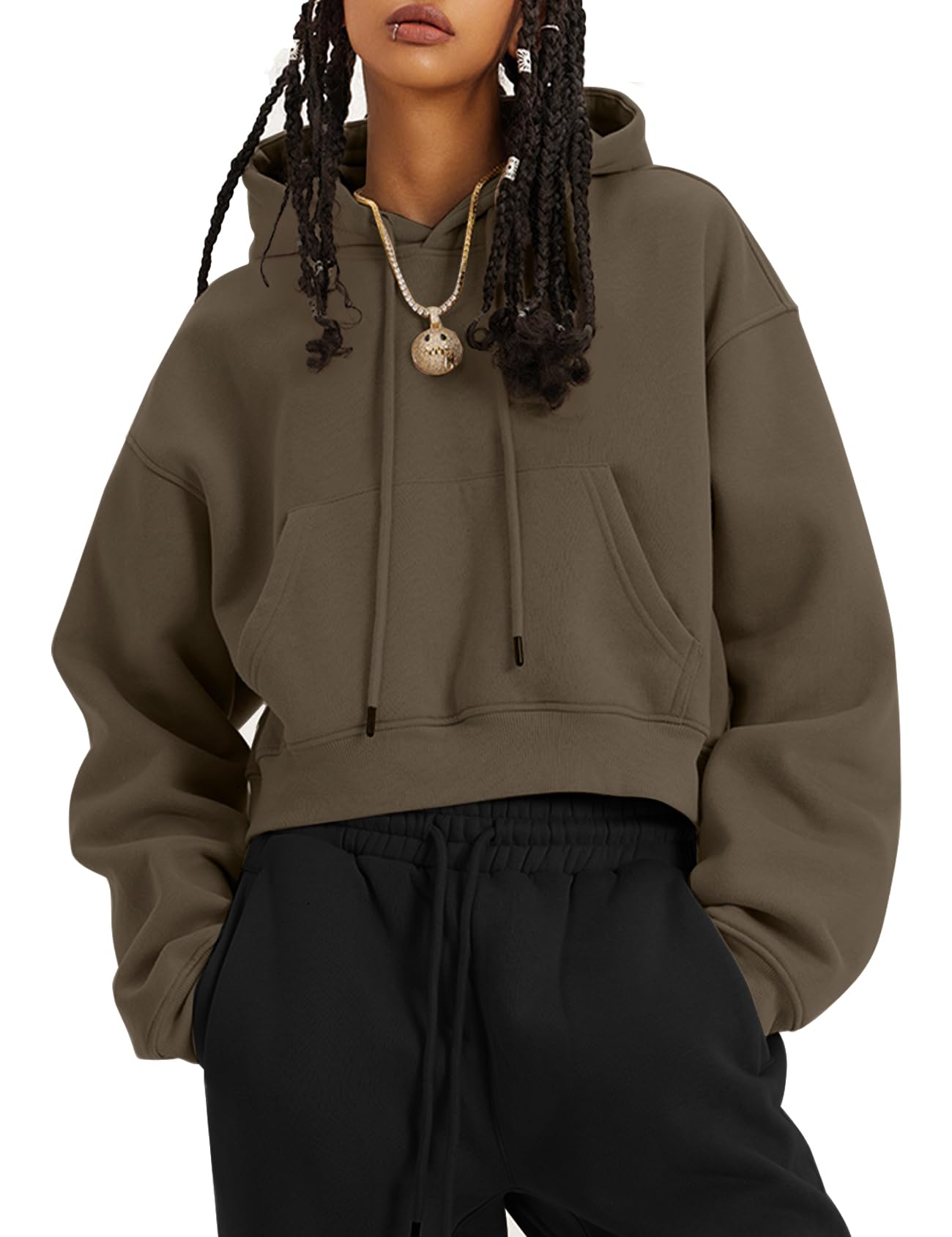 Flygo Womens Fleece Hoodie Sweatshirt Cropped Drawstring Hooded Crop ...